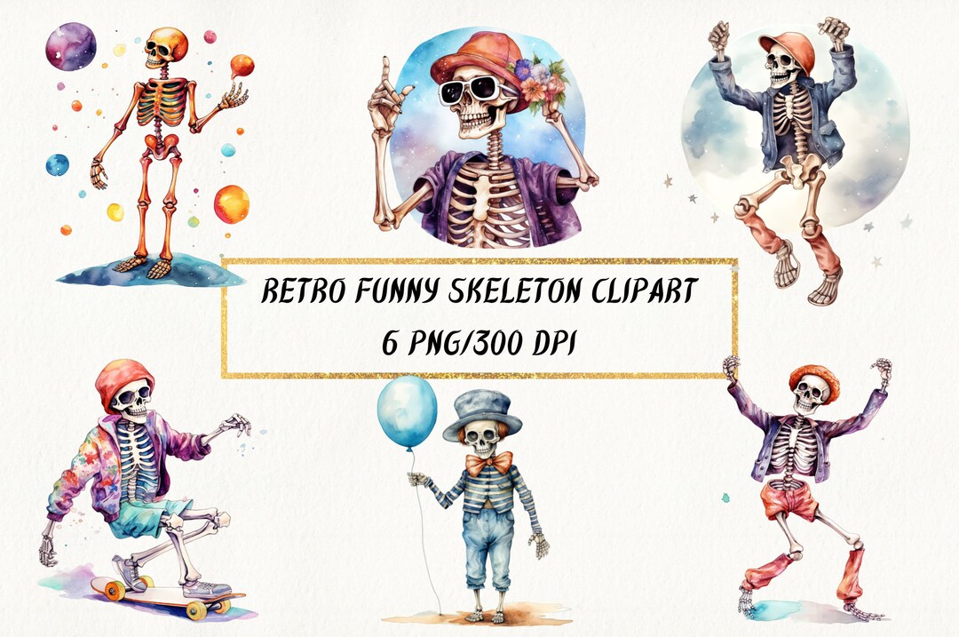 Watercolor Retro Funny Skeleton Clipart, Skeleton PNG, Dancing ...