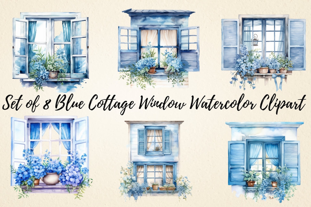 Blue Cottage Window Watercolor Clipart: PNG Bundle (digital Download ...