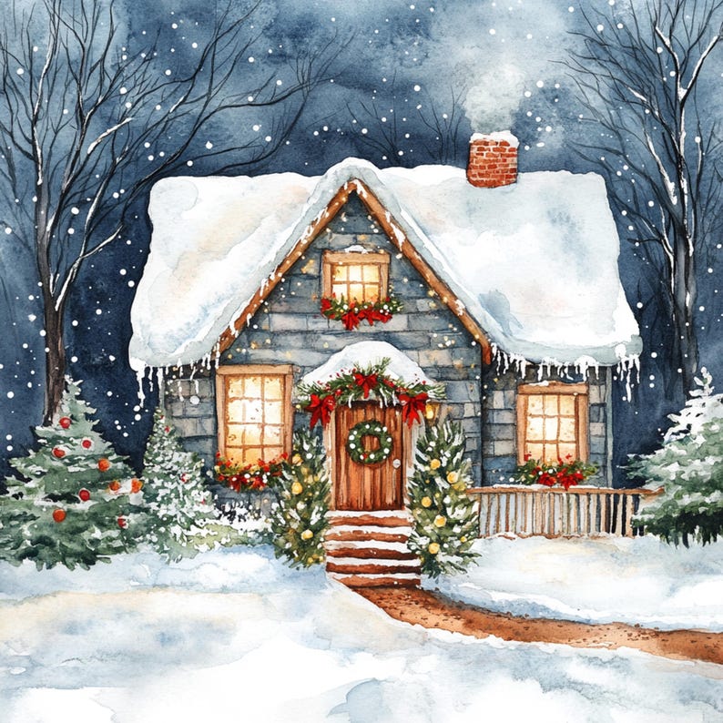 Watercolor Christmas House Digital Paper: Rustic Winter Backgrounds ...