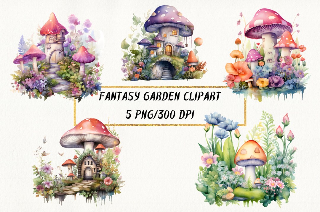 Watercolor Fantasy Mushroom Garden Clipart, Fairy Garden PNG Bundle for ...