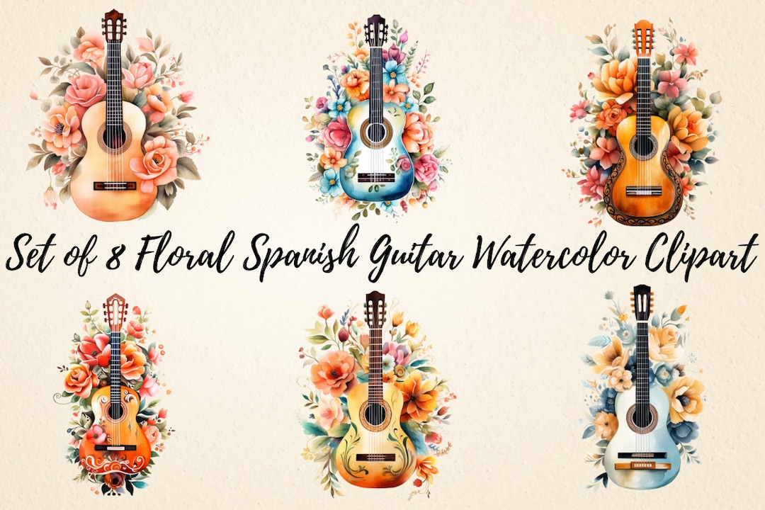Authentic Spanish Guitar Clipart Bundle, Watercolor Flamenco Inspired ...