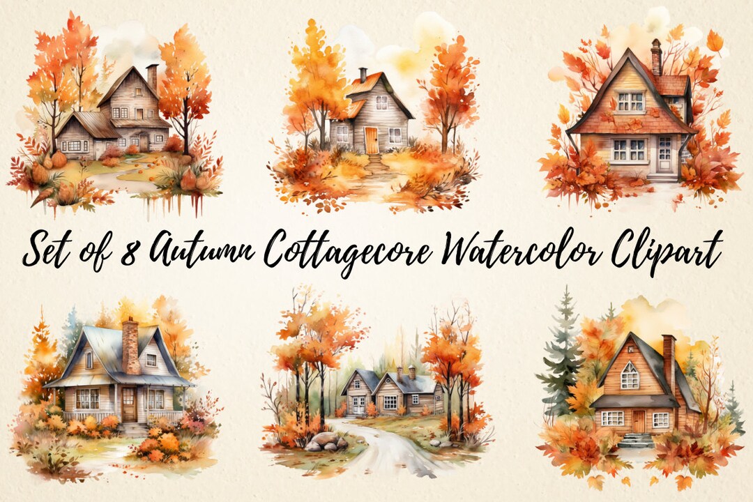 Autumn Cottagecore Watercolor Clipart: Fall Landscape PNG Bundle ...