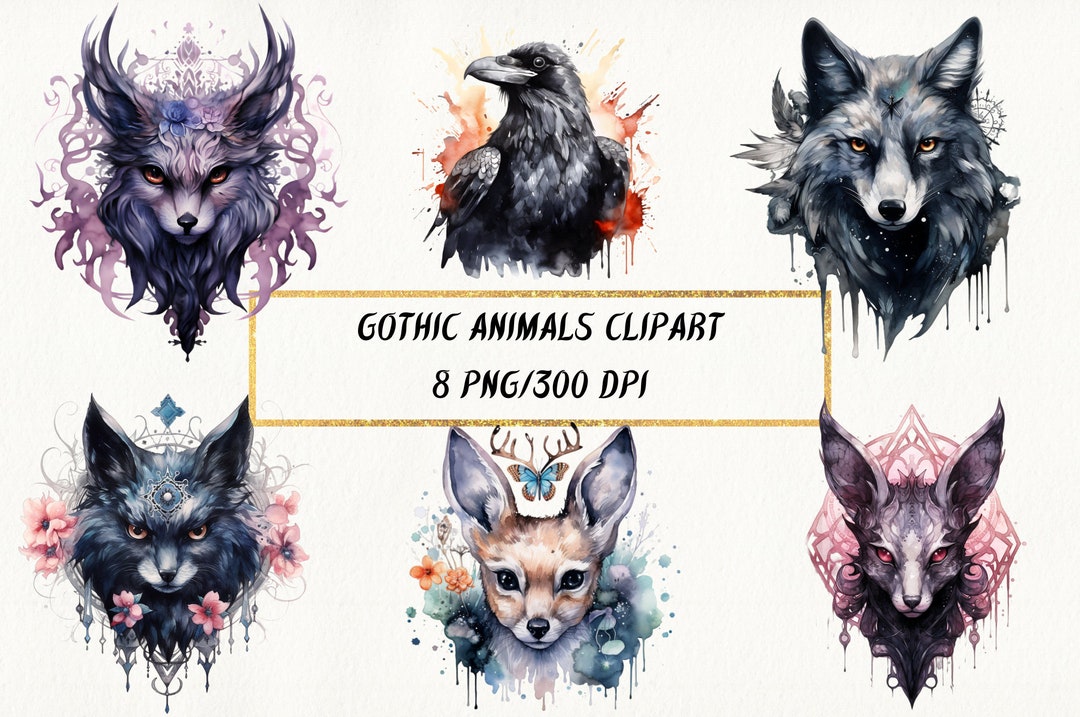 Watercolor Gothic Animals Clipart, Fantasy Animals PNG Bundle, Gothic ...