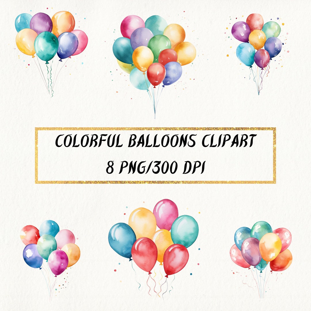 Colorful Party Balloons Watercolor Clipart Bundle, High Quality Pngs ...