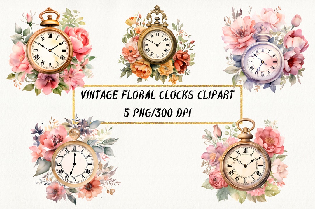 Watercolor Vintage Floral Clocks Clipart, Printable Clock Art PNG ...