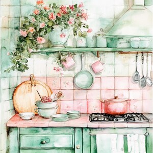Shabby Chic Pink and Green Kitchen Clipart, High Quality Jpgs Files for ...