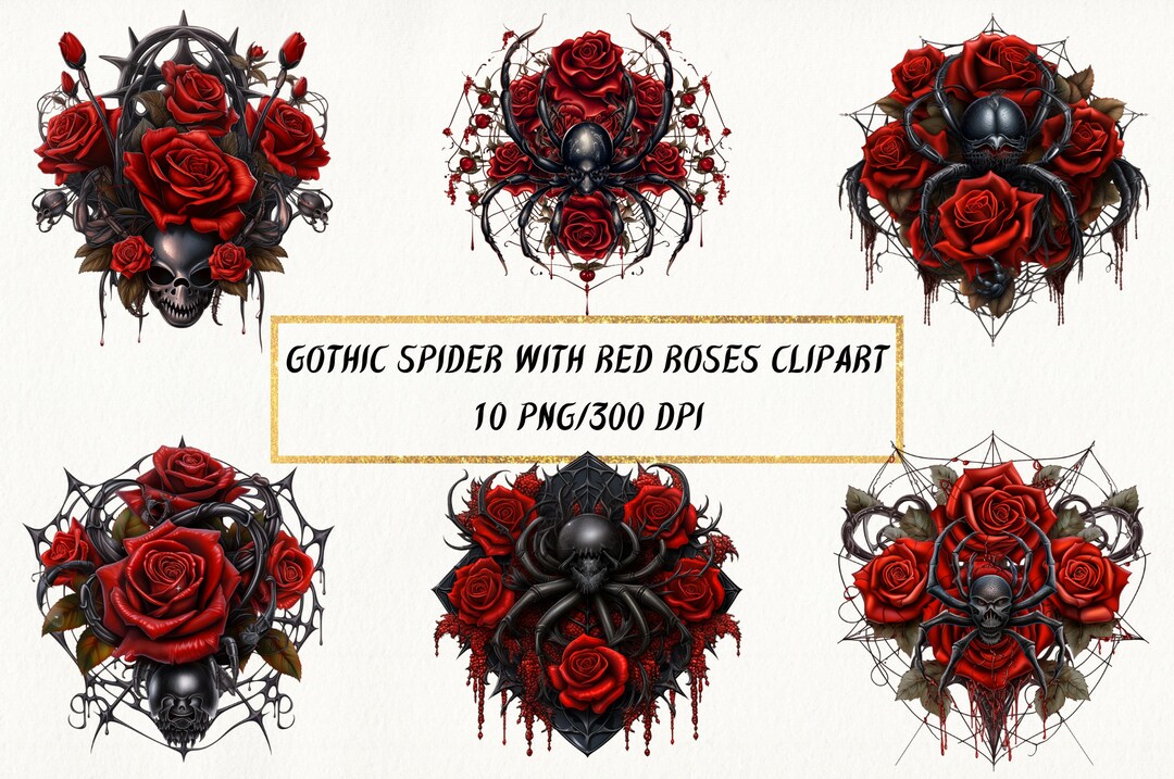 Gothic Spider With Red Roses Clipart, Gothic Spider PNG Bundle for ...