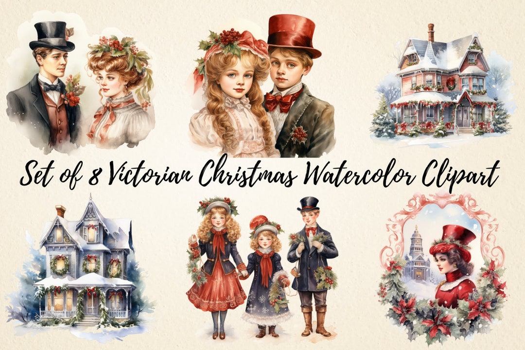Victorian Christmas Clipart: Watercolor Xmas PNG Bundle (digital ...