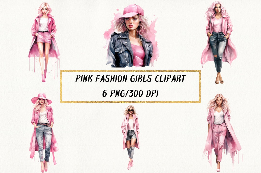Watercolor Fashion Girl Clipart: Pink PNG Bundle (commercial Use) - Etsy