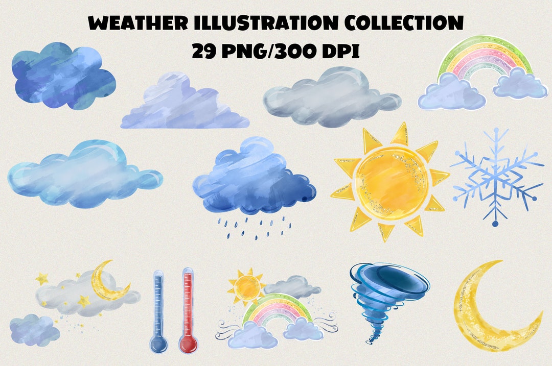 Weather Watercolor Clipart Set Kawaii Clipart Set Adorable - Etsy UK
