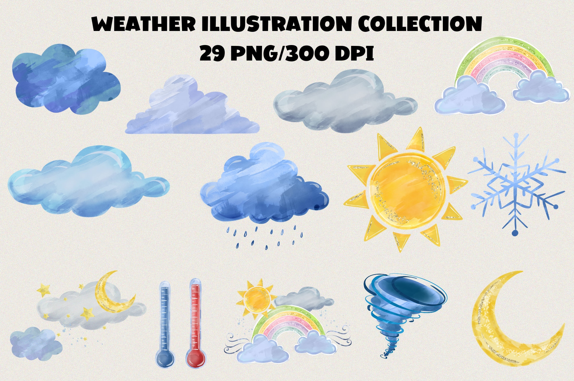 Weather Watercolor Clipart Set, Kawaii Clipart Set, Adorable Digital ...
