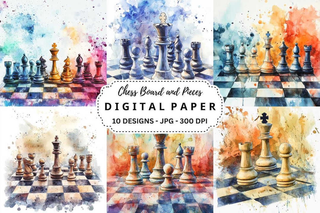 Chess Board and Pieces Clipart, Watercolor Backgrounds for Chess Lover ...