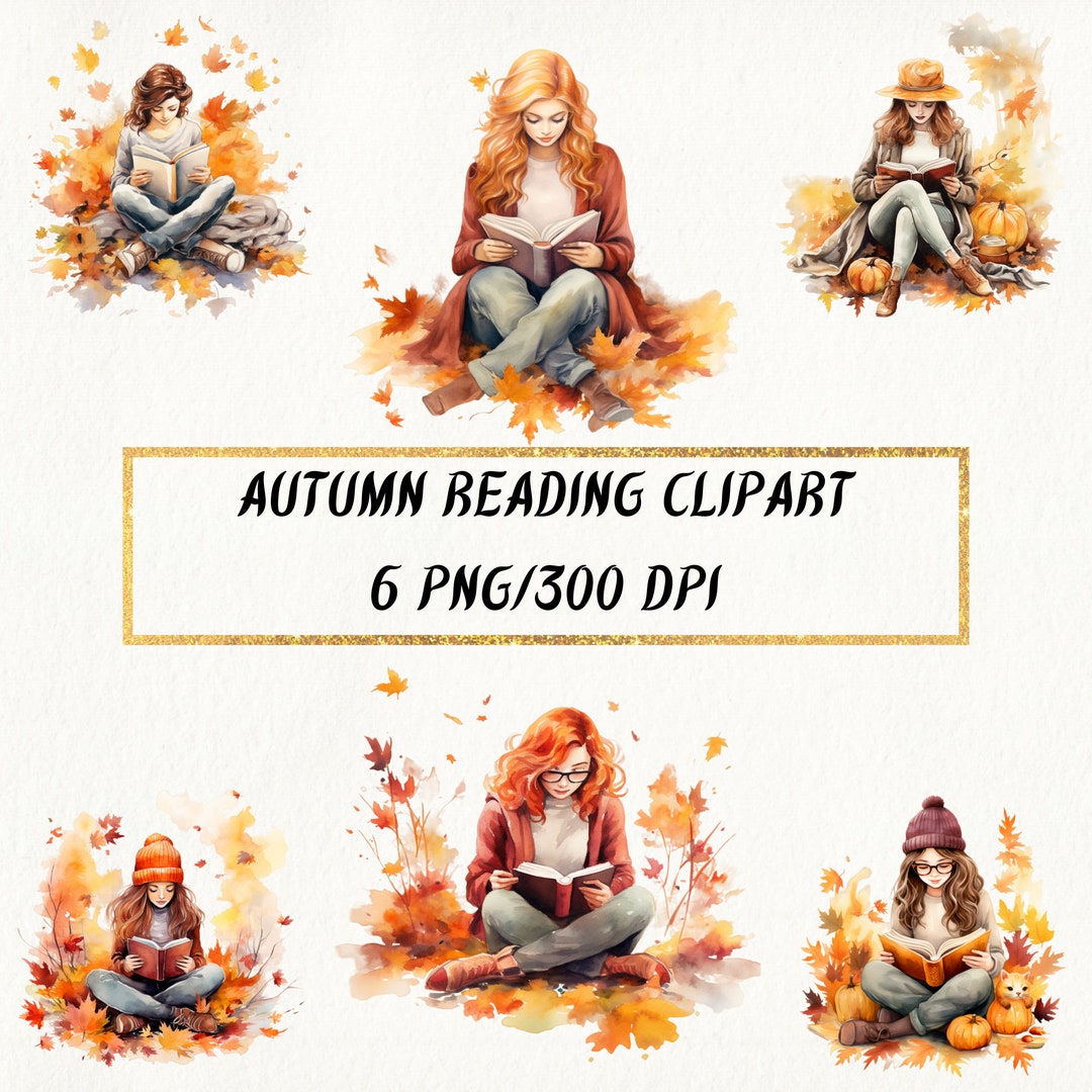 Watercolor Autumn Reading Clipart, Autumn Reading Lovers PNG Bundle ...