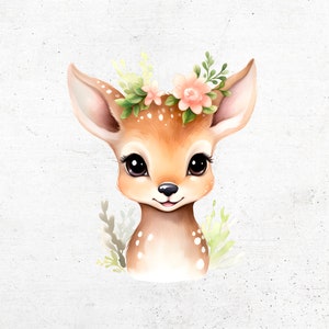 Watercolor Chibi Cute Deer Clipart, Happy Chibi Deer With Flowers PNG ...