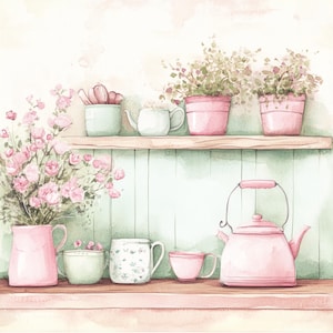 Shabby Chic Pink and Green Kitchen Clipart, High Quality Jpgs Files for ...