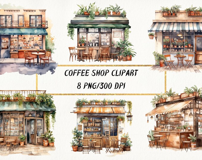 50 Coffee Shop Watercolor JPG Images Digital Art Printable Kit Instant ...