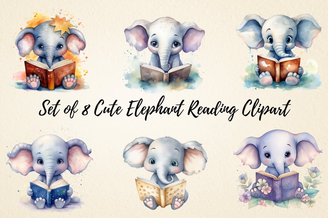 Adorable Elephant Reading Clipart, Watercolor High Quality PNG ...