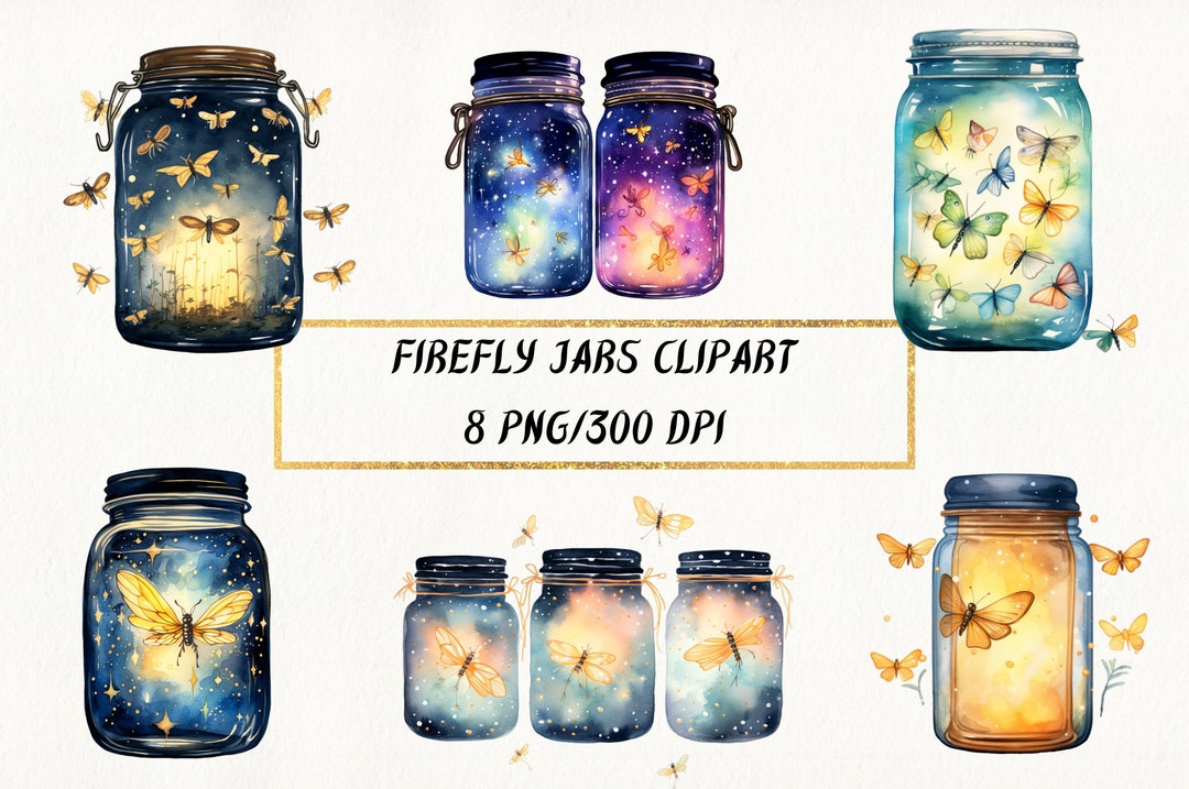 Watercolor Firefly Jars Clipart, Wonderful Firefly Mason Jar PNG Bundle ...