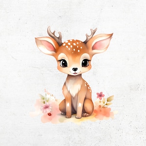 Watercolor Chibi Cute Deer Clipart, Happy Chibi Deer With Flowers PNG ...