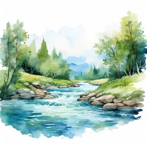 Watercolor River Landscape Clipart, 10 Mountain River Landscape, Jpgs ...