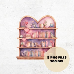 Romantic Bookshelf Clipart Bundle, Watercolor Beautiful Bookshelf High ...