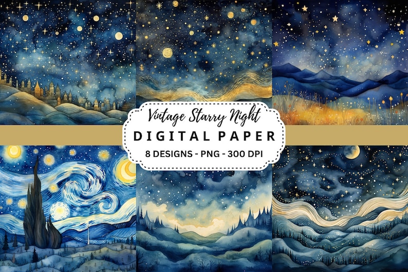 Watercolor Starry Night Digital Paper: Vintage Fantasy Backgrounds (PNG ...