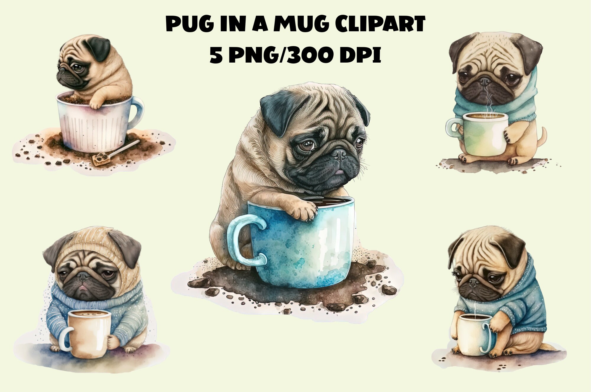 Pug in a Mug Clipart Images 5 Pack PNG Transparent - Etsy