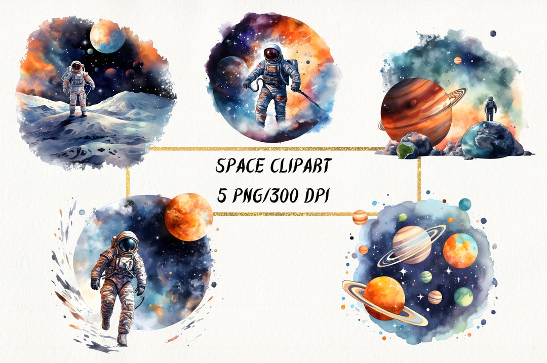 Watercolor Space Clipart: Astronauts & Planets PNG Bundle (commercial ...