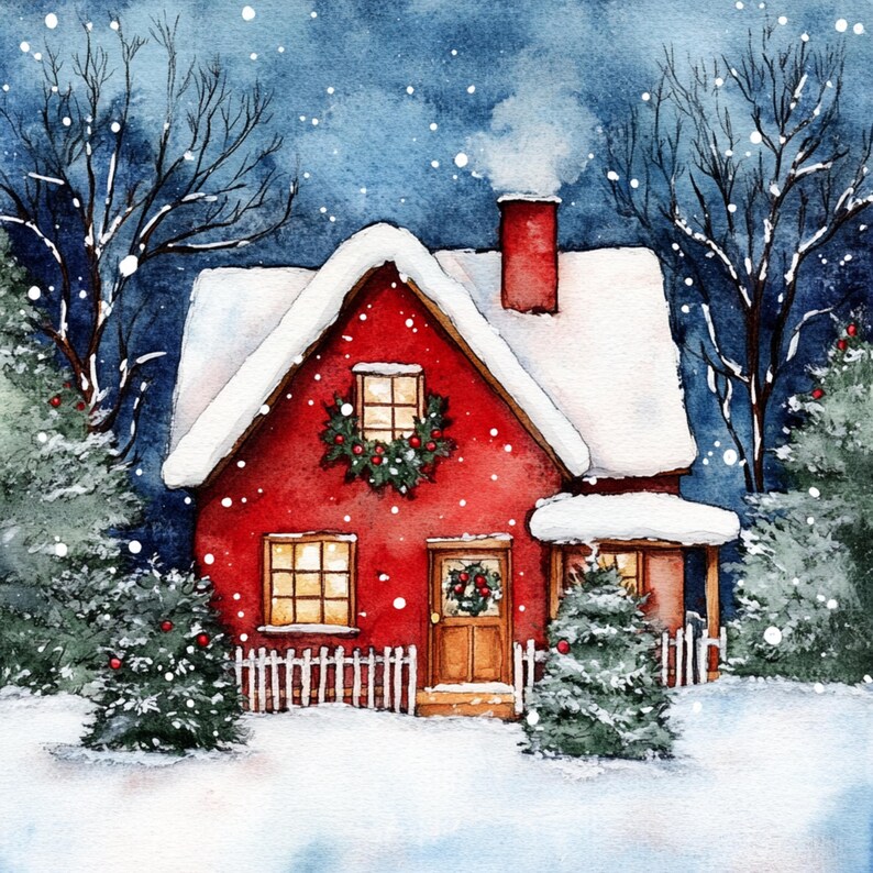 Watercolor Christmas House Digital Paper: Rustic Winter Backgrounds ...