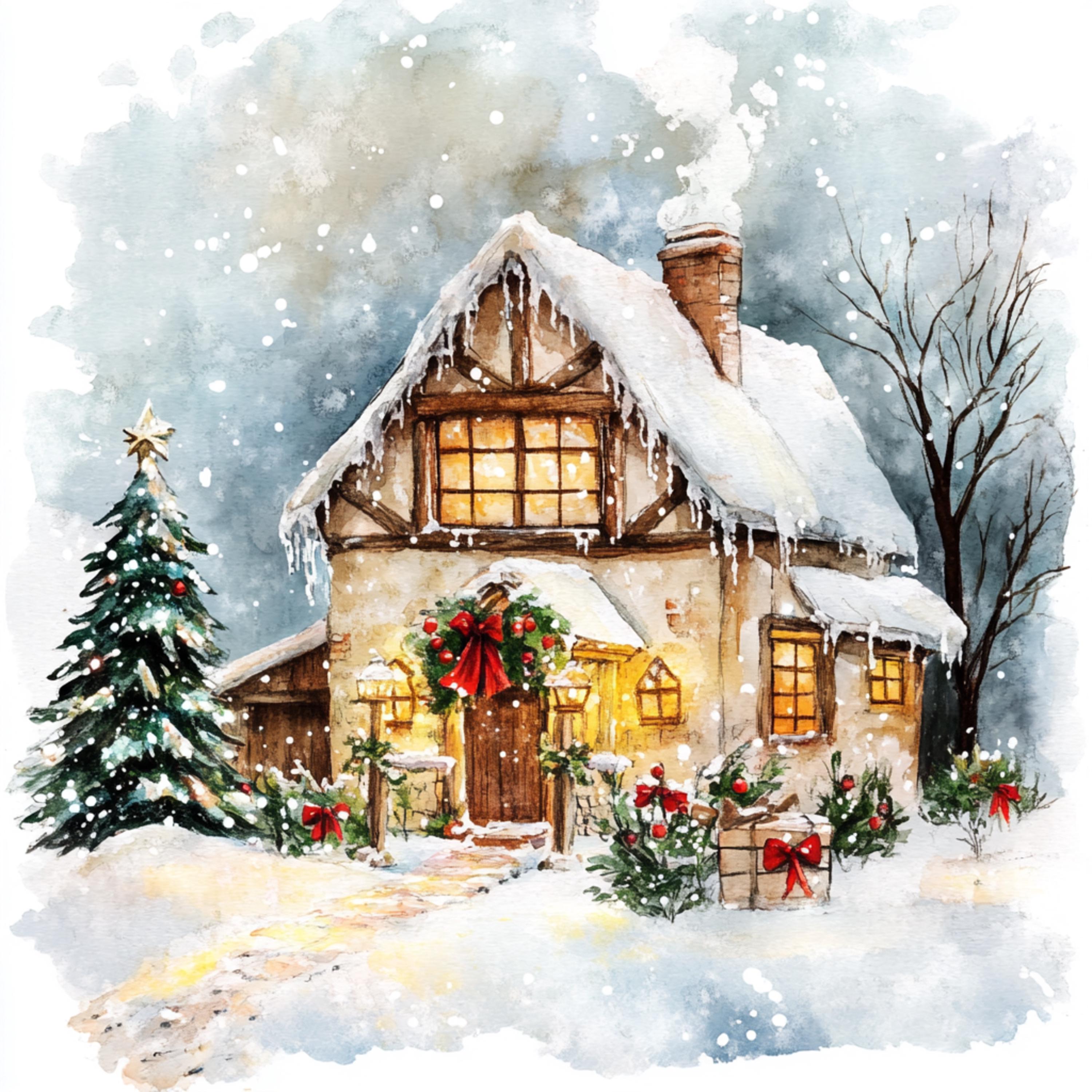 Watercolor Christmas House Digital Paper: Rustic Winter Backgrounds ...