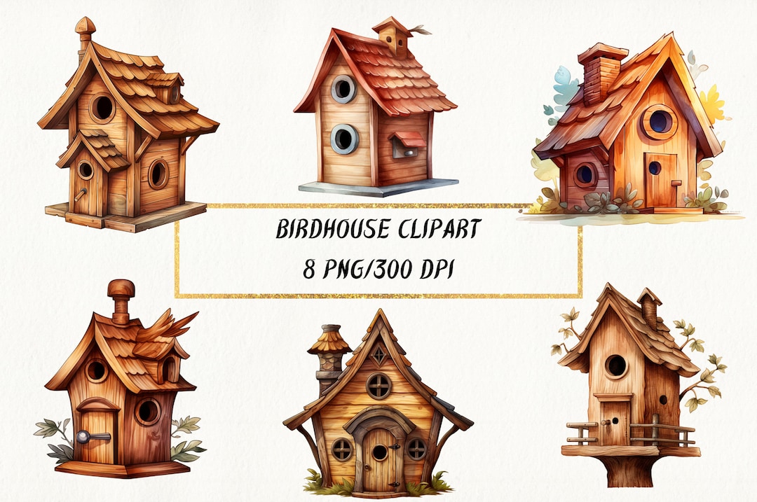 Wooden Birdhouse Clipart, Birdhouse Decor PNG Bundle for Commercial Use ...