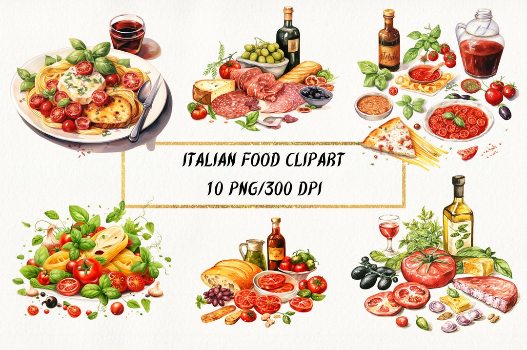 Italian Food Digital Clipart PNG Bundle, Watercolor Food, Italian Food ...