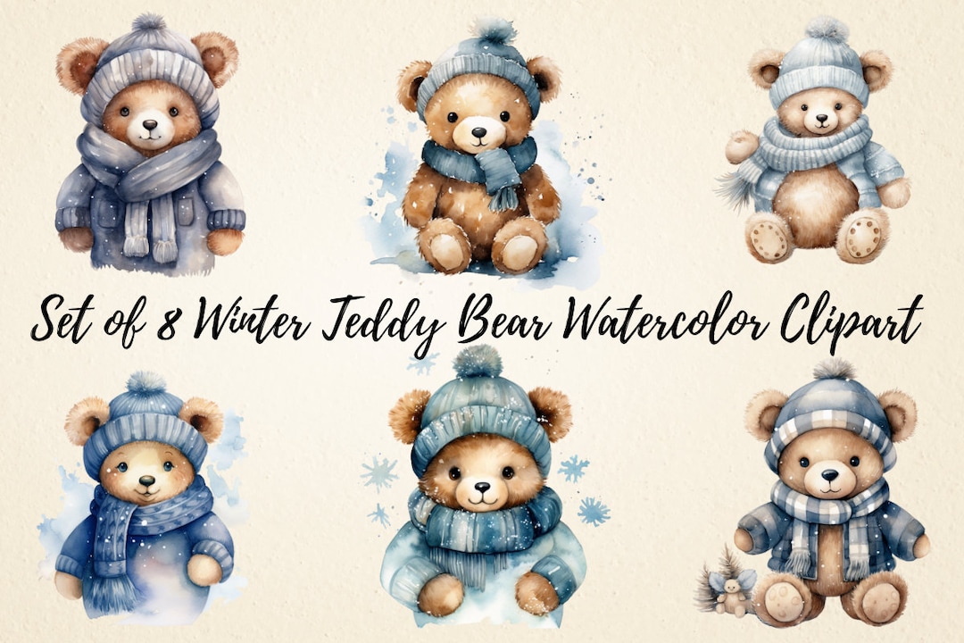 Winter Teddy Bear Watercolor Clipart, Cute Bears High Quality PNG Sublimation Illustrations ...