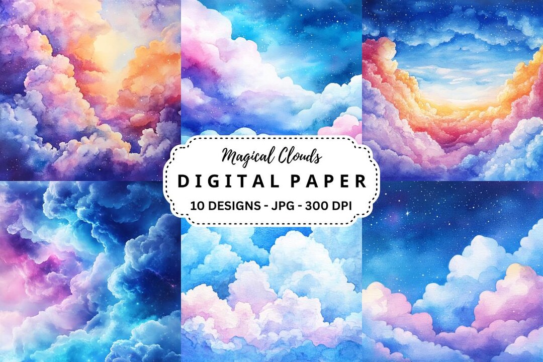 Watercolor Clouds Clipart: Fantasy Sky JPG Backgrounds (digital ...