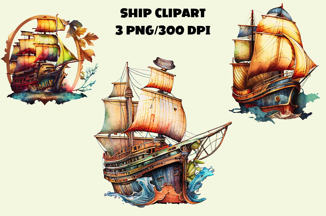 Watercolor Pirate Ship Clipart Set: 3 PNG Boat Illustrations (digital ...