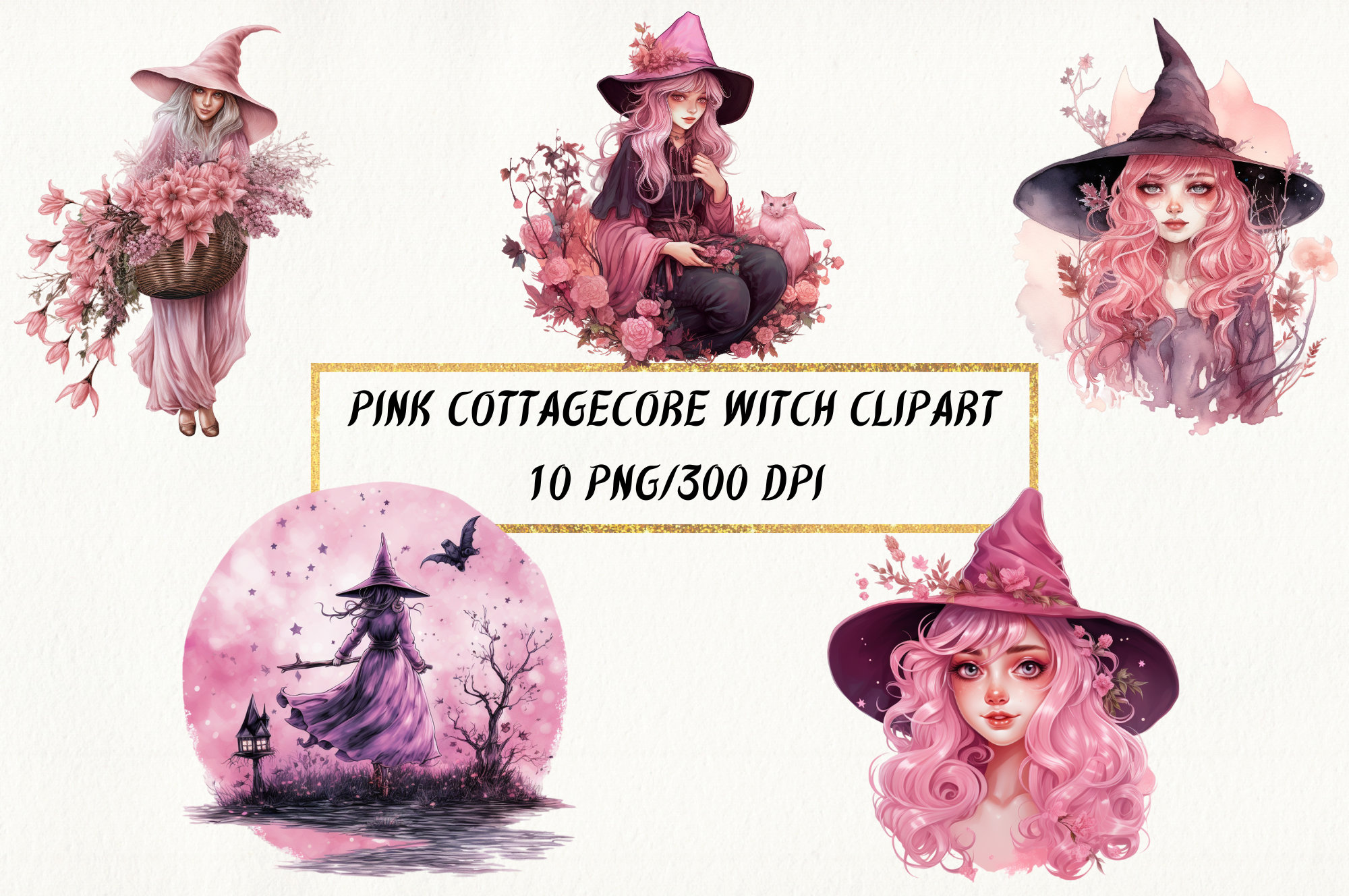 Pink Cottagecore Witch Watercolor Clipart: Fantasy PNG Bundle ...