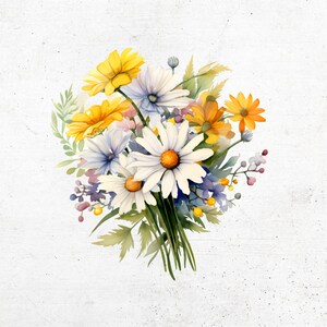 Watercolor Daisy Bouquet Clipart: Wildflower PNG Bundle (commercial Use ...