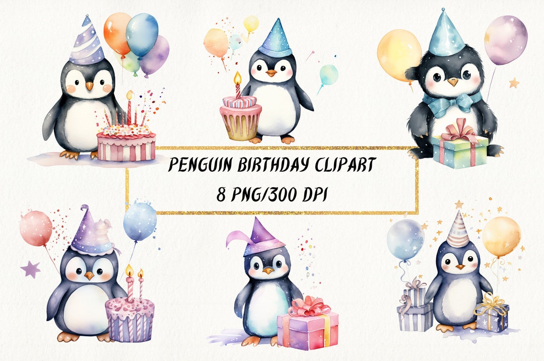 Watercolor Penguin Birthday Clipart, Cute Penguin Party PNG Bundle ...