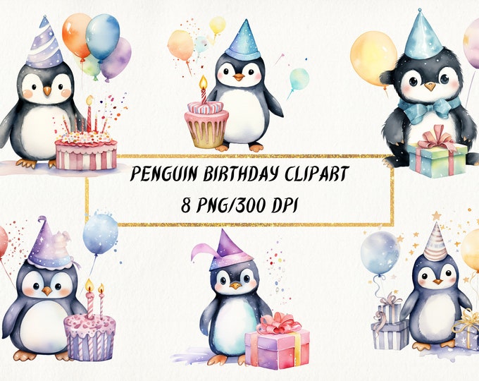 Watercolor Penguin Birthday Clipart, Cute Penguin Party PNG Bundle ...