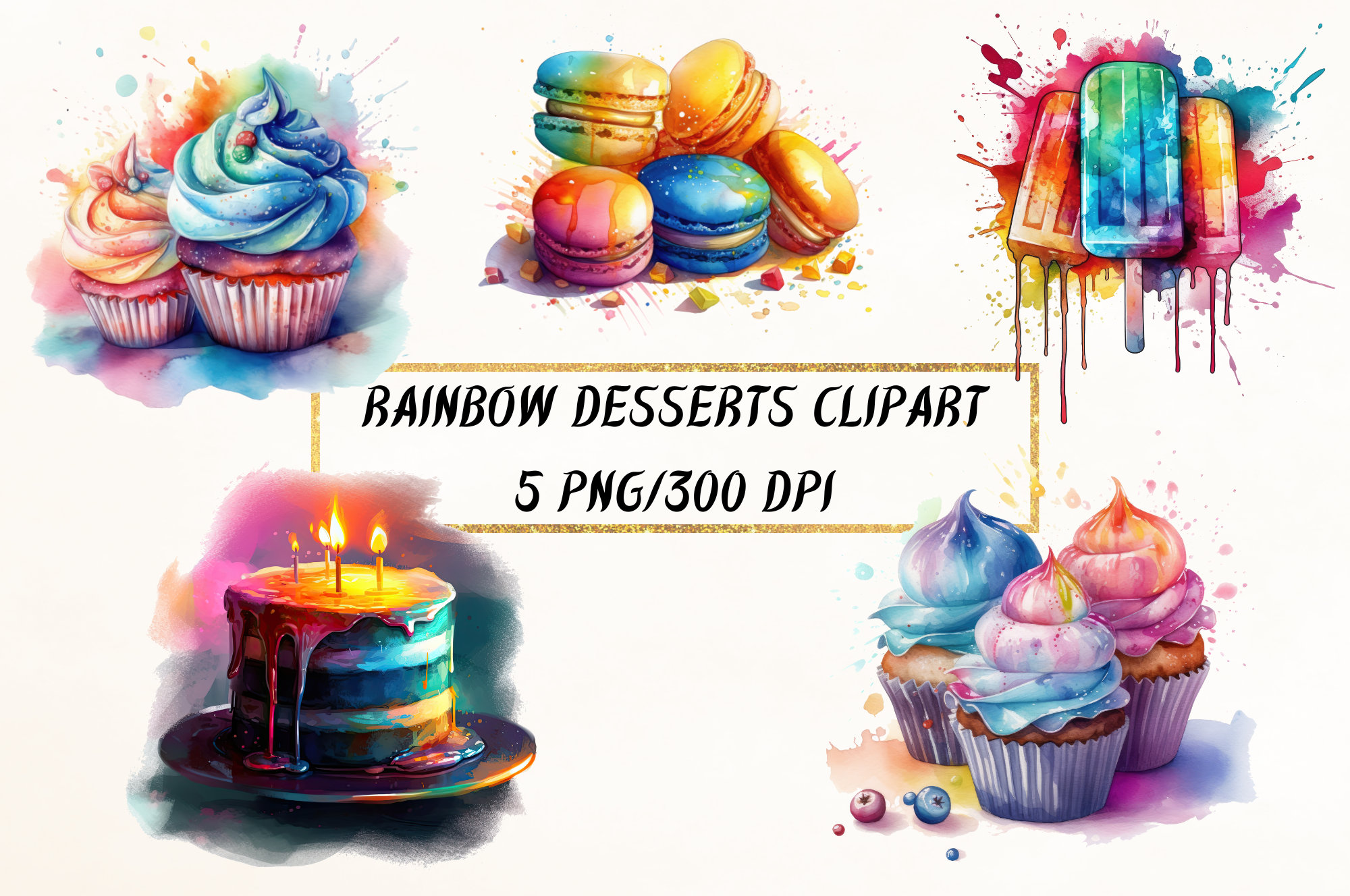 Watercolor Rainbow Desserts Clipart: Cakes, Ice Cream (PNG) - Etsy