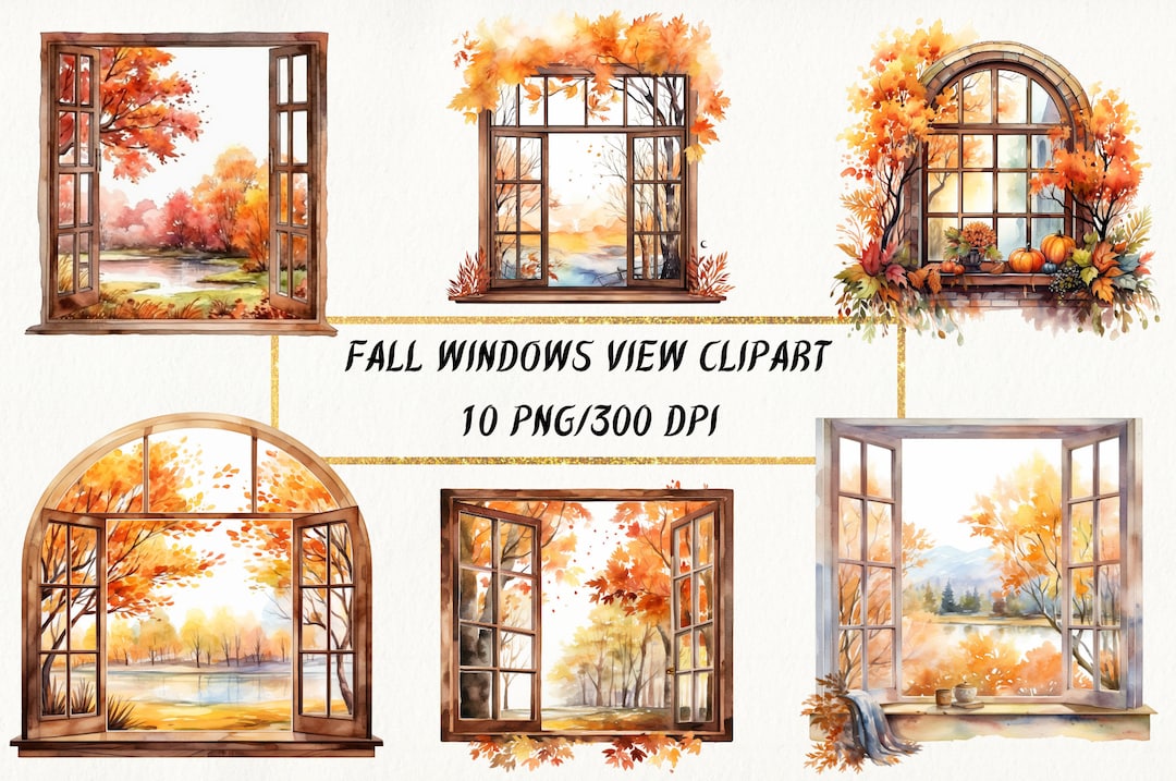 Watercolor Fall Windows View Clipart, Autumn Window Landscape PNG ...
