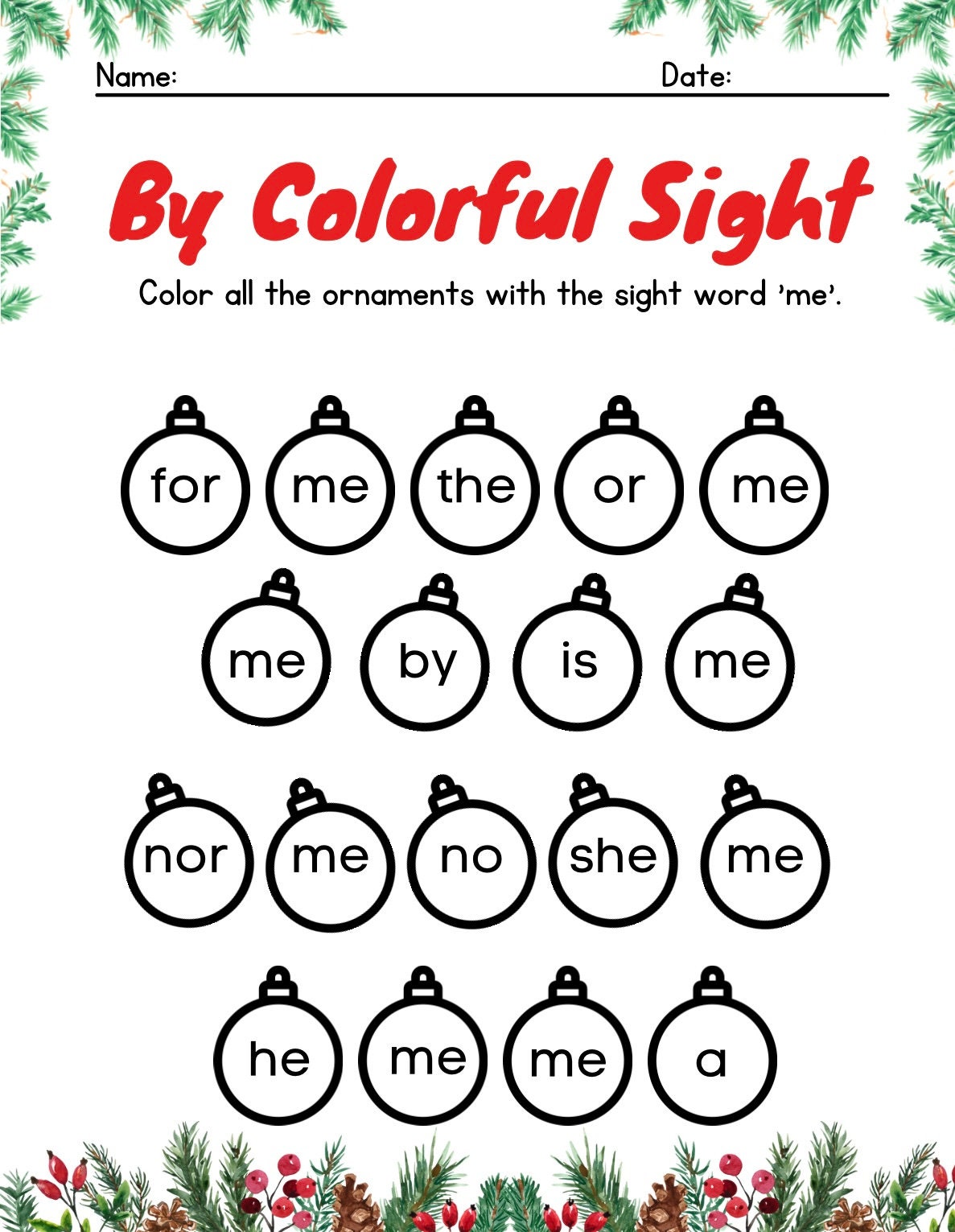 Sight Word Recognition Worksheets Holiday Themed Printable Activity ...