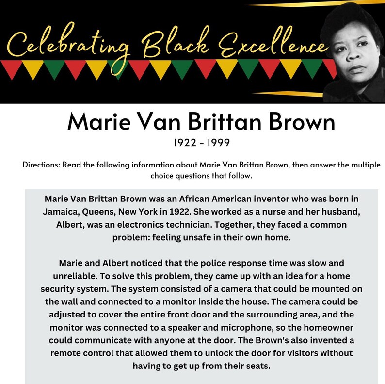 Black History Homeschool Worksheet - Marie Van Brittan Brown - African ...