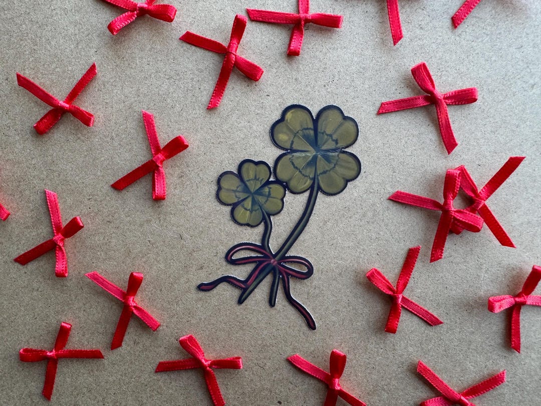 Illustrated Four Leaf Clover Vinyl Sticker With Bow | Original Design ...