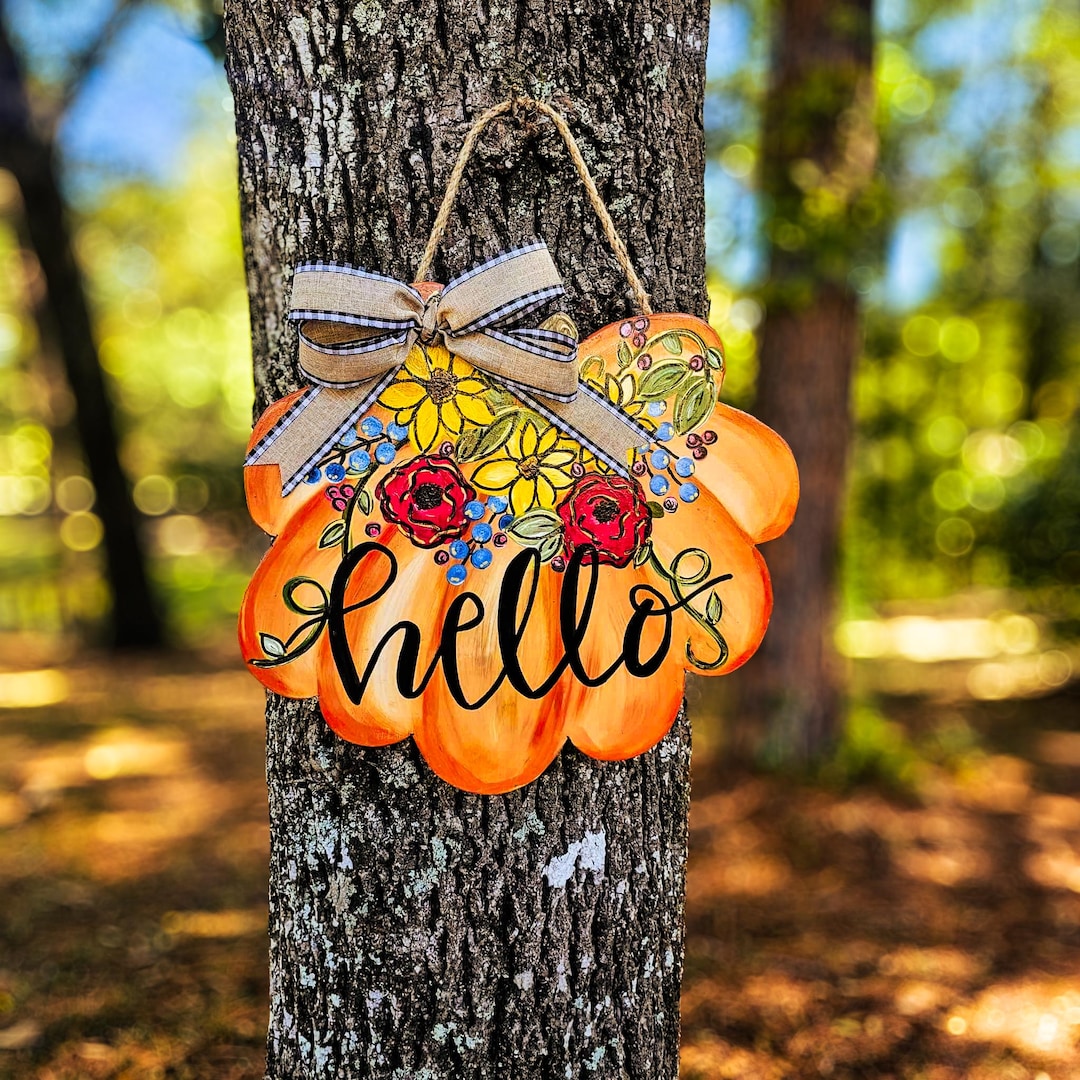 Hand-painted Hello Pumpkin Door Hanger: Fall Floral Decor - Etsy