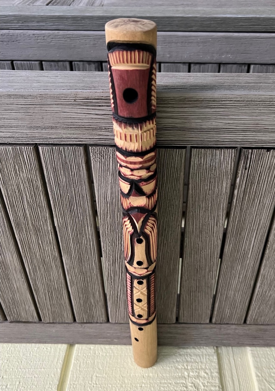 Hand Carved and Painted Primitive Wooden Flute Recorder Instrument With ...
