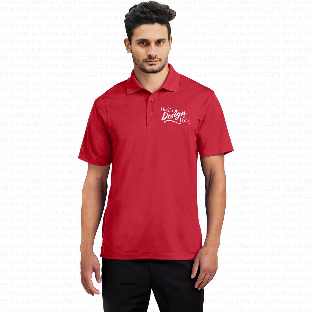 Polo Mockup Sport-tek ST650 True Red Polo Shirt Model Male Sport-wick ...