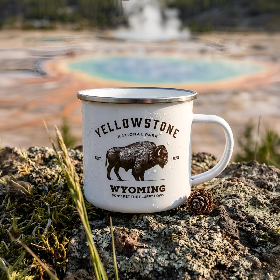Yellowstone National Park Mug Enamel Cup Camping USA Bison Wyoming Don ...