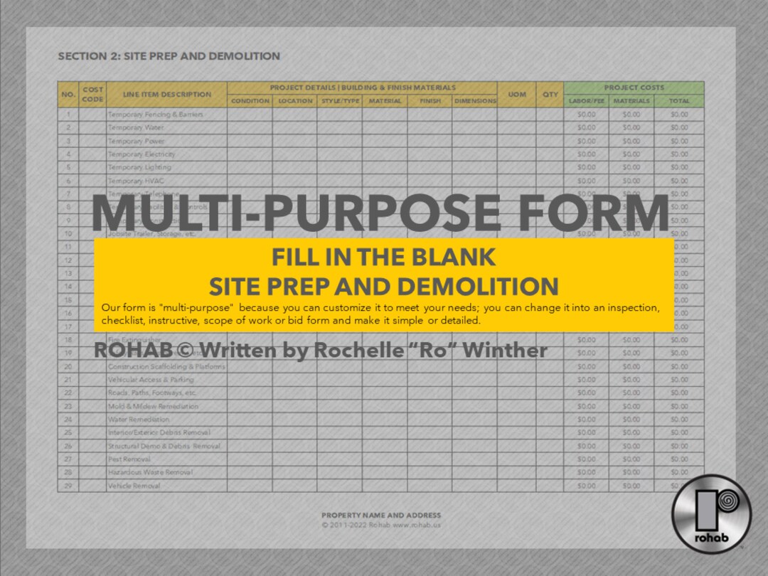 Site Prep & Demolition Construction Form Template - Fill in the Blank ...