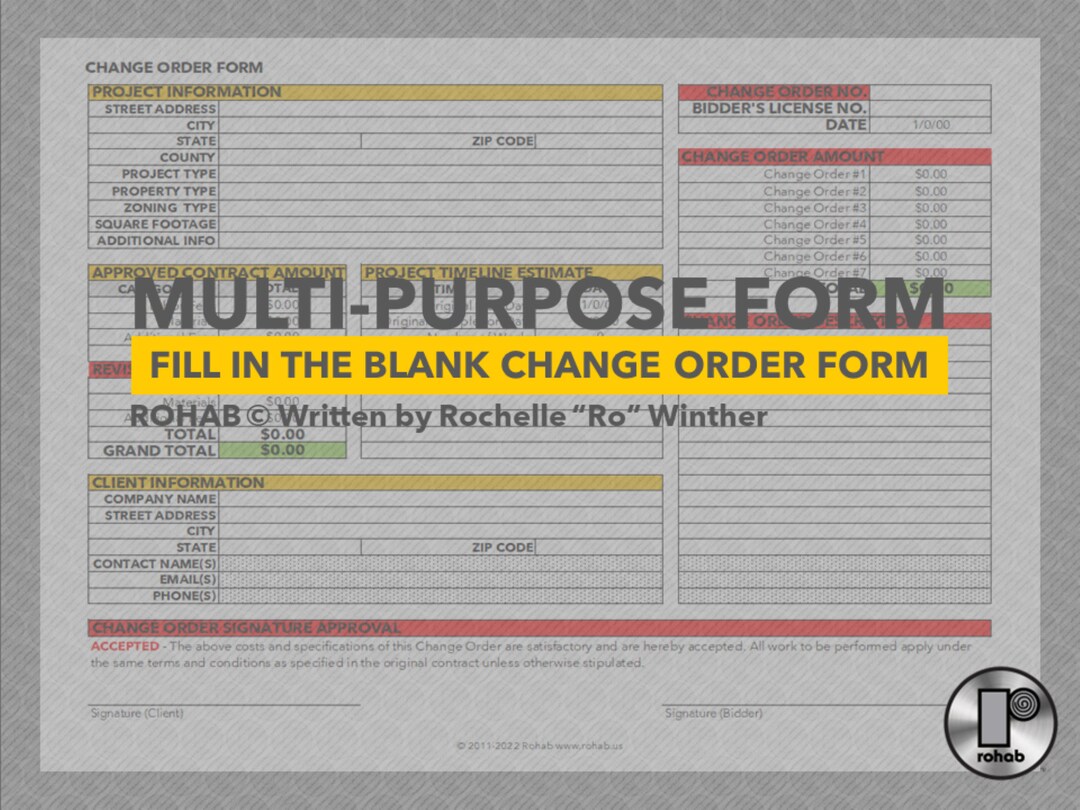 Change Order Form - Fill in the Blank | Construction Change Order Form ...